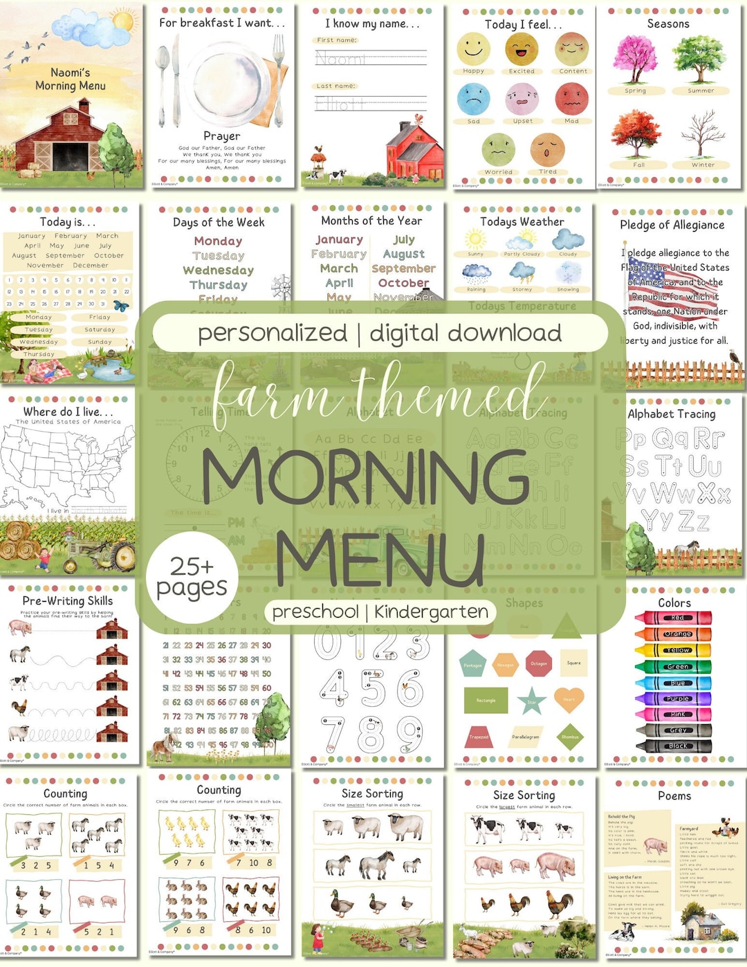 Morning Menu | Farm | Watercolor | Toddler | Preschool | Kindergarten ...
