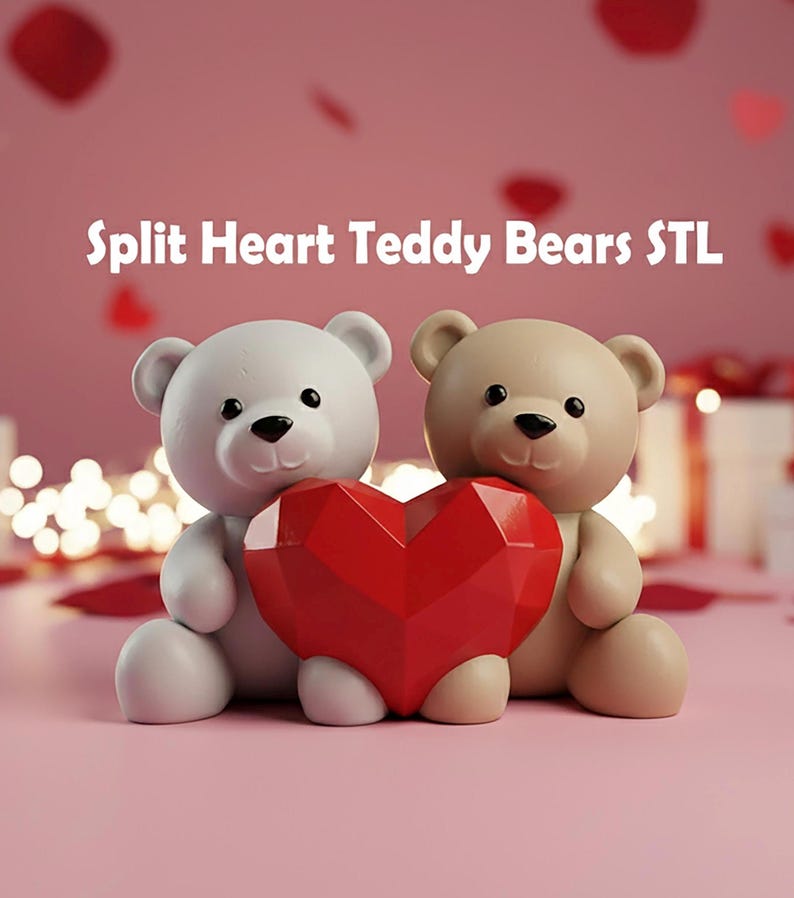 Valentine's Day Bear STL - Split Heart Teddy Bears 3D Print Model ...