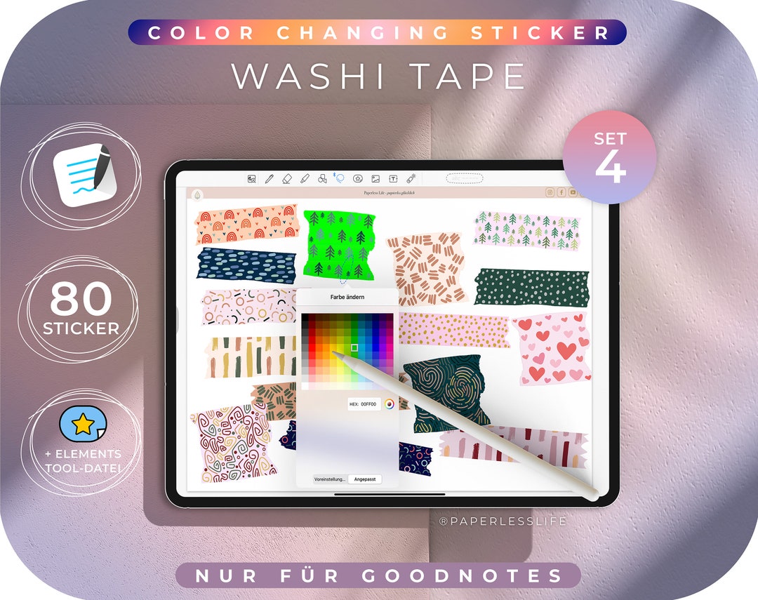 80 Color Changing Goodnotes Sticker Washi Tape Set 4 // Digital ...
