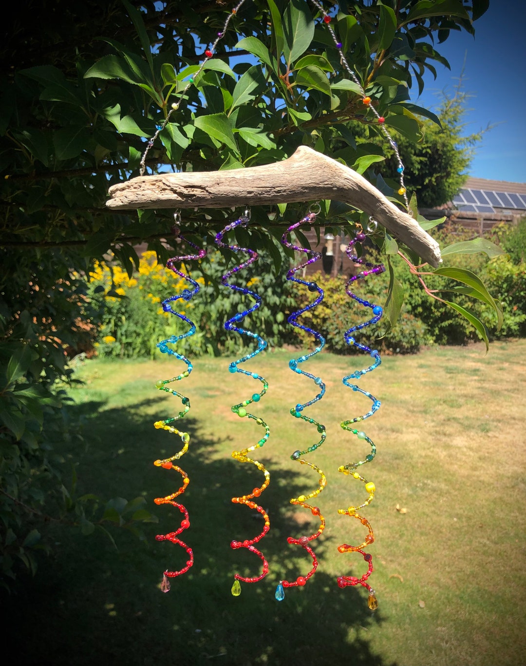 Chakra Rainbow Colour Beaded Wind Chime - Spirals and Driftwood Sun ...