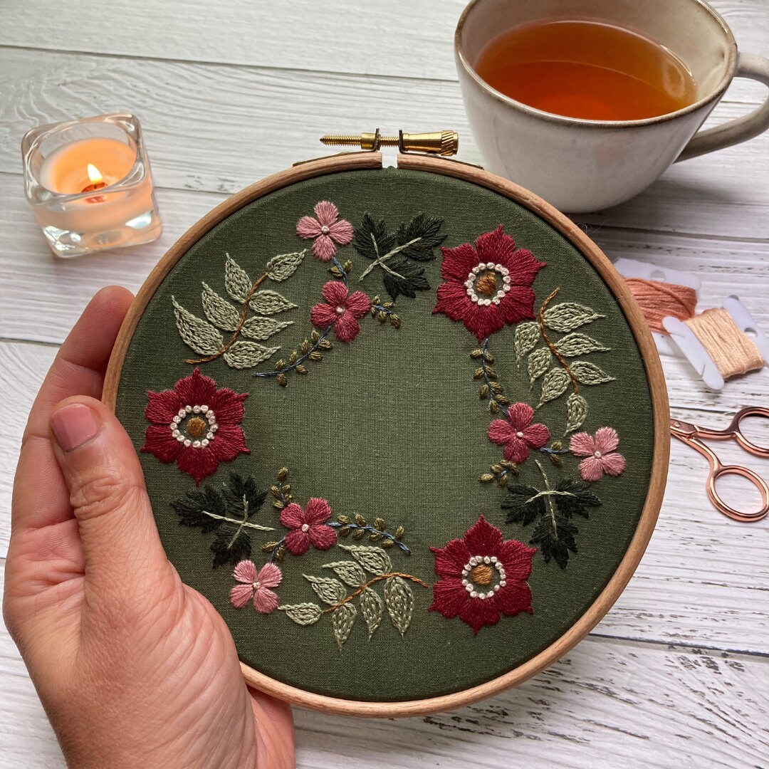 Floral Wreath: Full Embroidery Kit. Beginners Embroidery Kit. Modern ...