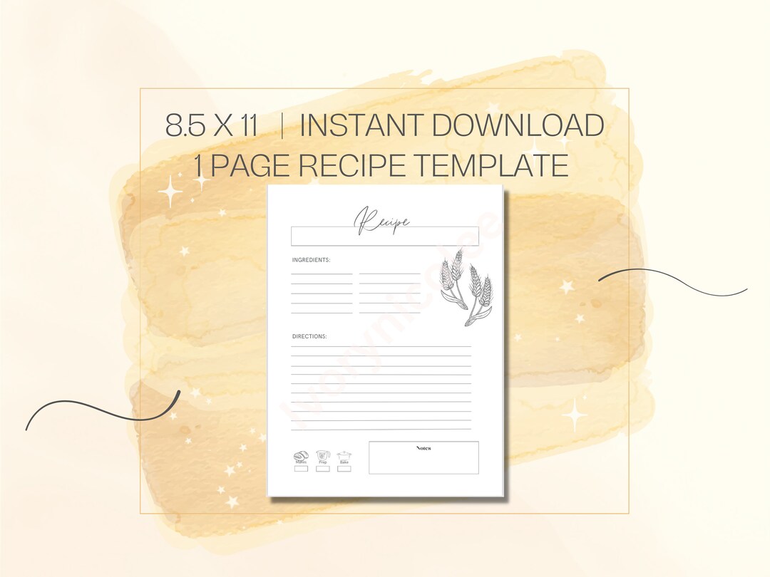 Simple Recipe Template | Recipe Card Template | Digital Download - Etsy
