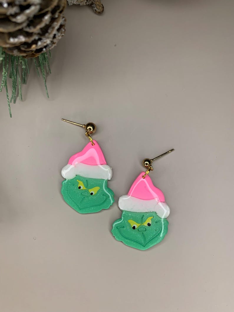 Christmas Pink Hat Grinch Handmade Polymer Clay Dangle Earrings ...