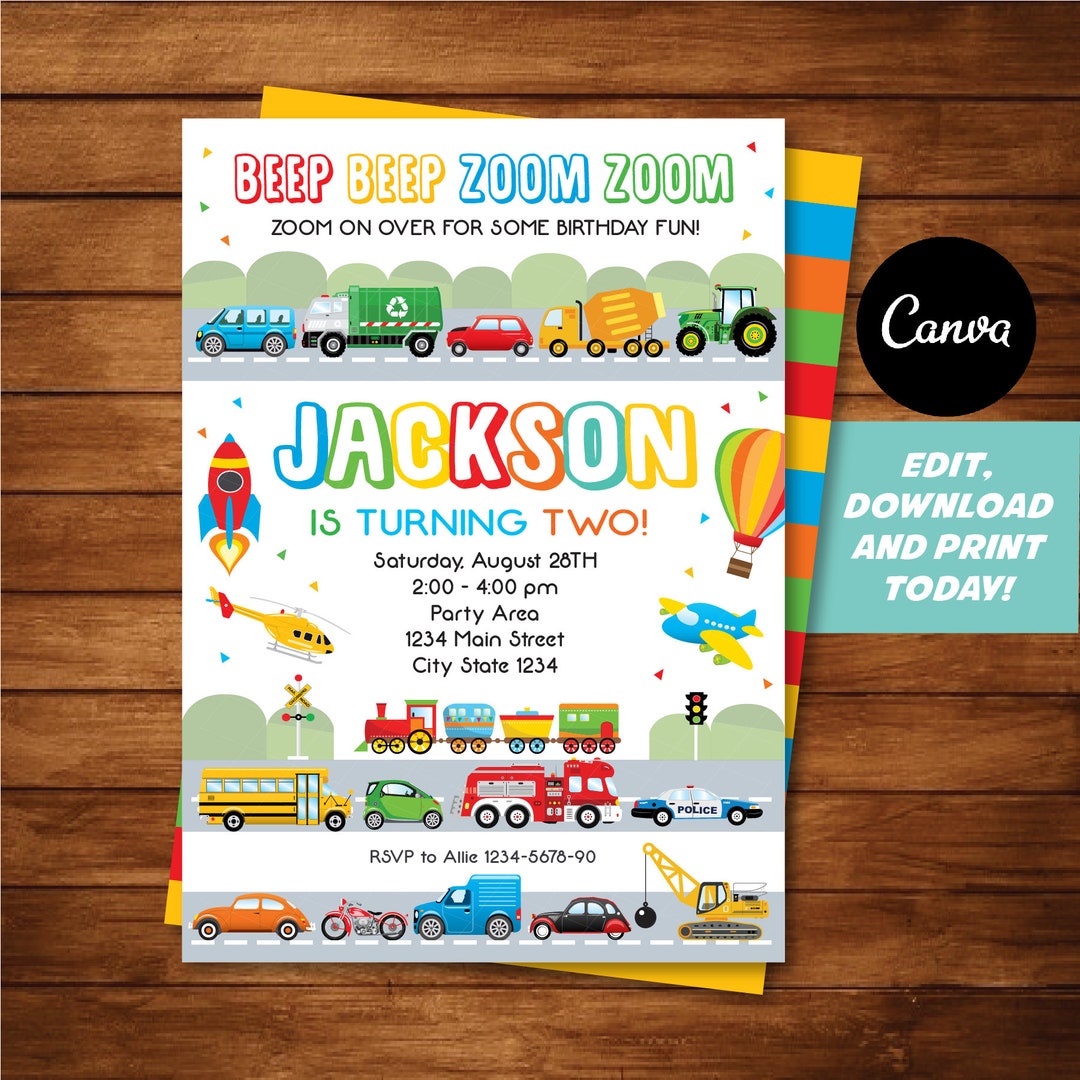 Self Editable, Transportation Birthday Invitation, Transportation Party ...