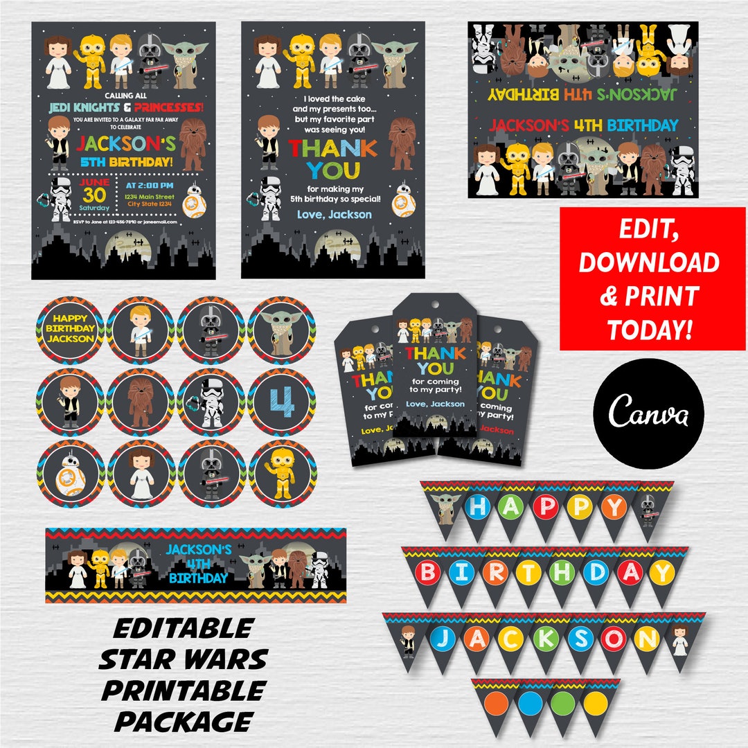 Editable, Star Wars Birthday Party Package, Star Wars Invitation, Star ...