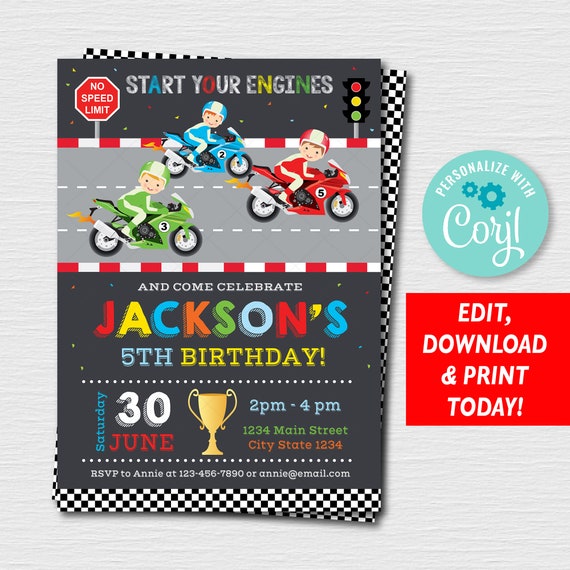 Self Editable Motorcycle Racing Birthday Invitation - Etsy