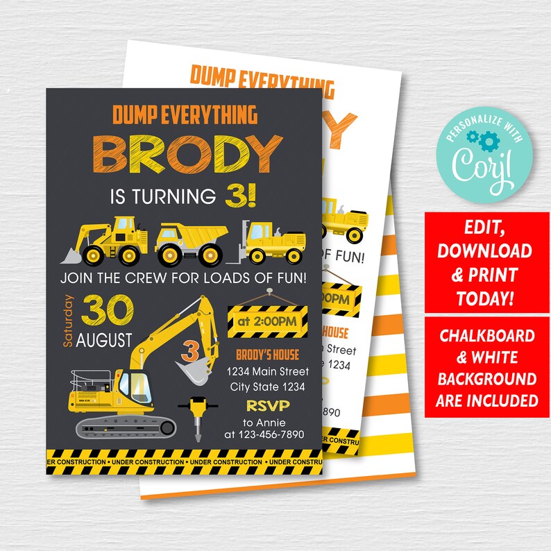 Editable Construction Birthday Invitation Construction - Etsy