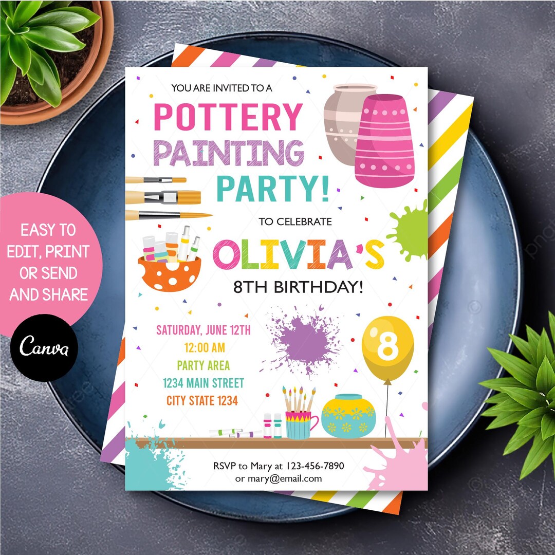 Editable Painting Pottery Birthday Invitation, Girl Pottery Painting ...