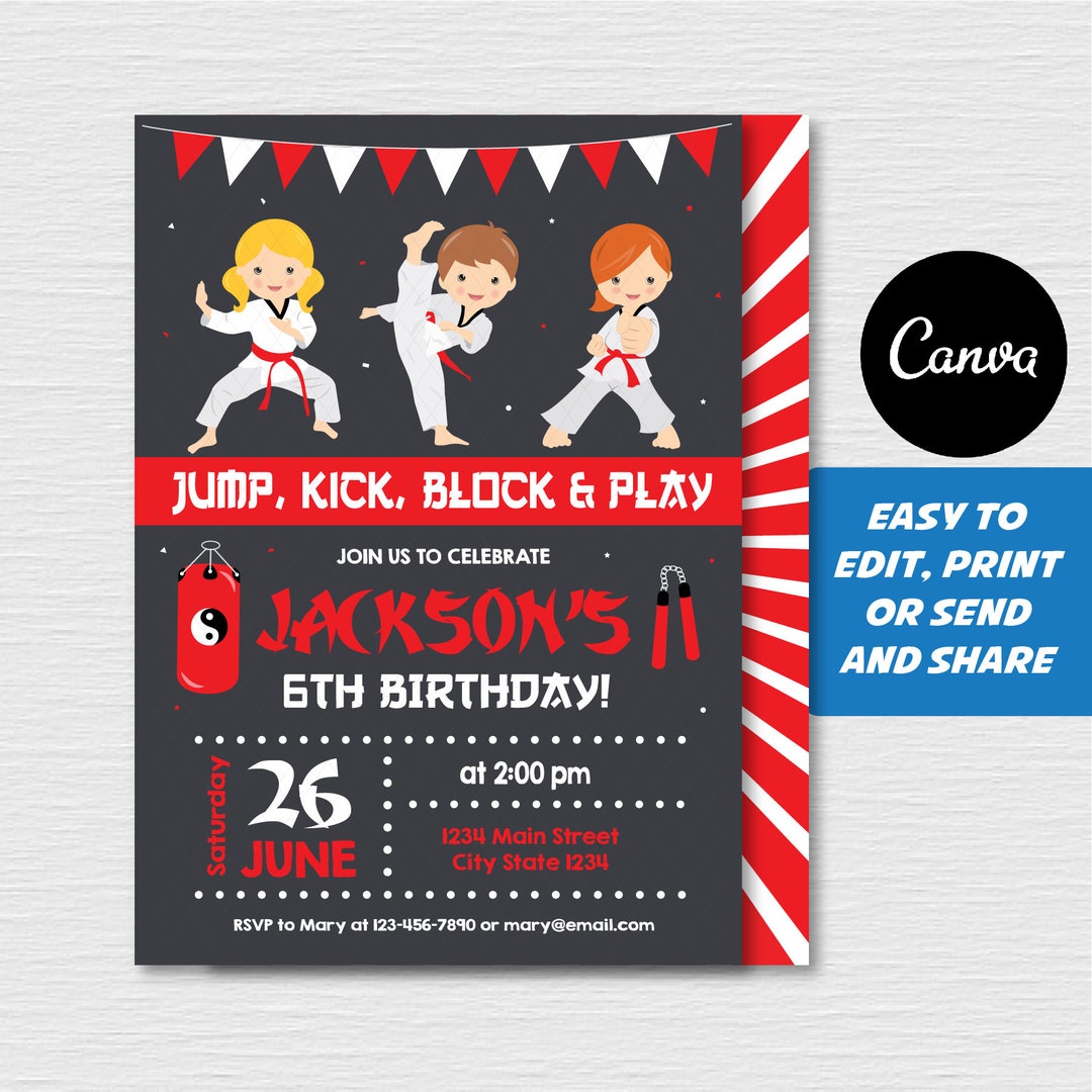 Invitación de cumpleaños de taekwondo autoeditable, invitación de ...