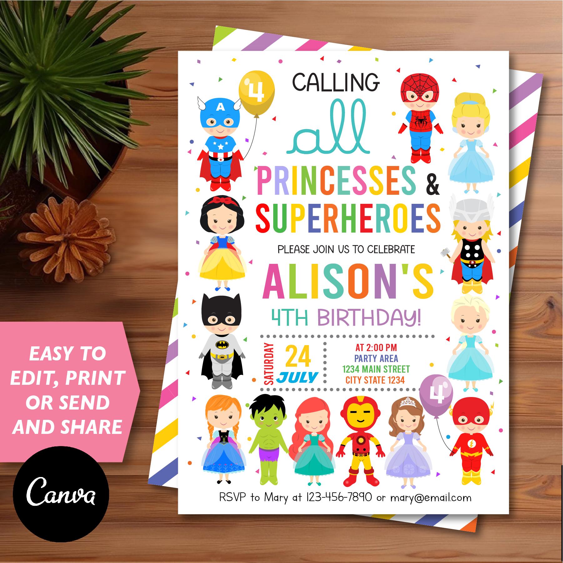 Editable Princesses and Superheroes Birthday Invitation, Princess and ...