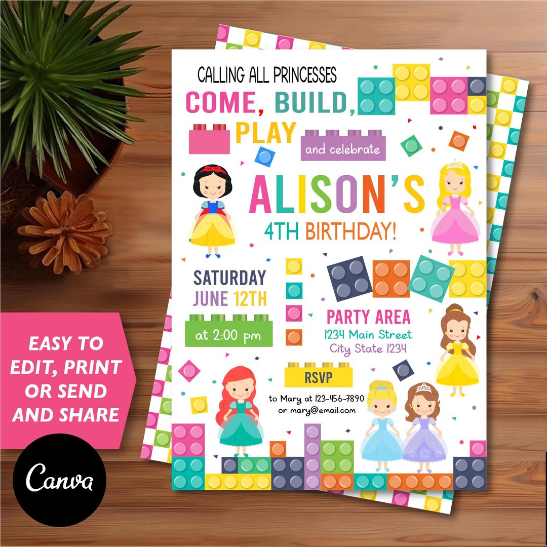 Editable, Princess Building Blocks Invitation, Princesses Building ...
