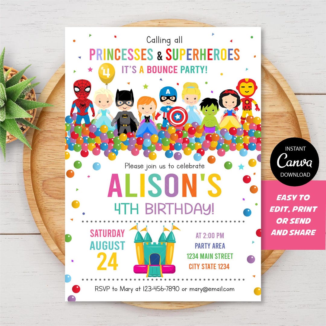 Editable Superhero and Princess Bounce House Invitation, Superheroes ...