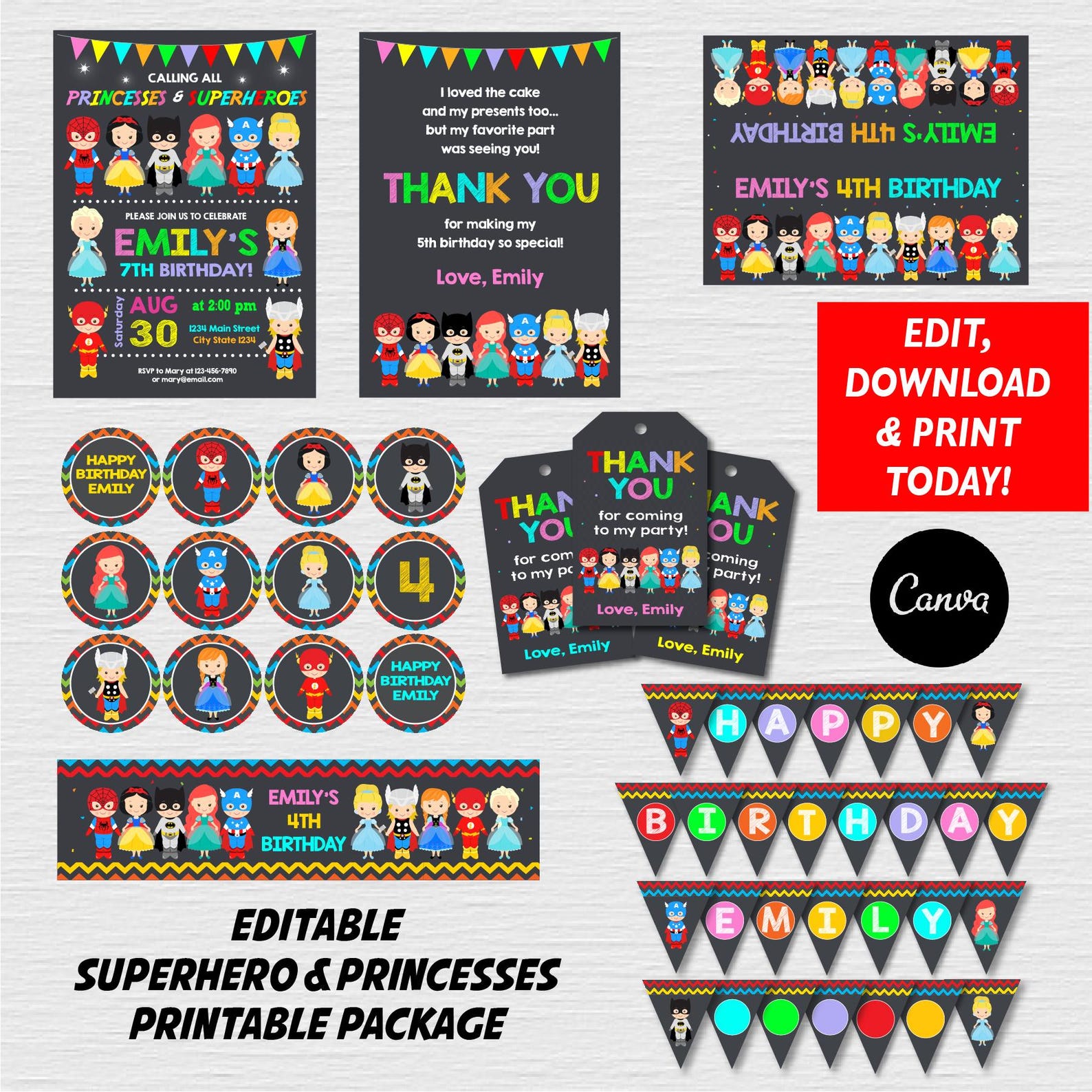EDITABLE Princess and Superhero Birthday Bundle, Superhero and ...