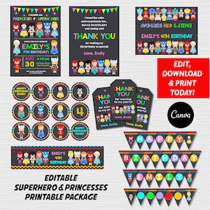 EDITABLE Princess and Superhero Birthday Printable Package, Princesses ...