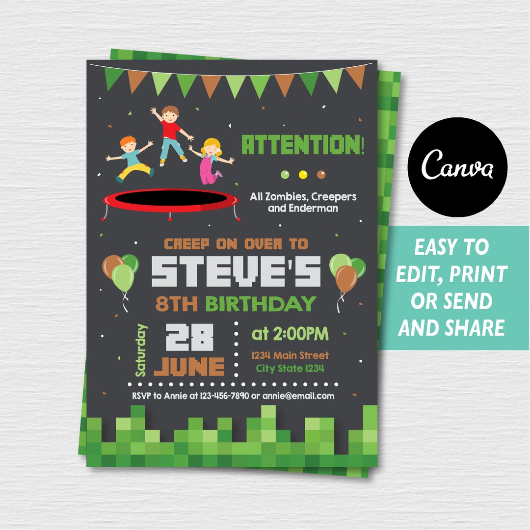 EDITABLE, Video Game Invitation, Pixelated Invite, Trampoline Invitation, Trampoline Party ...