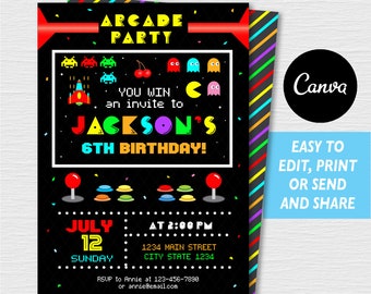 EDITABLE, Arcade Birthday Invitation, Arcade Party, Retro Video Game ...