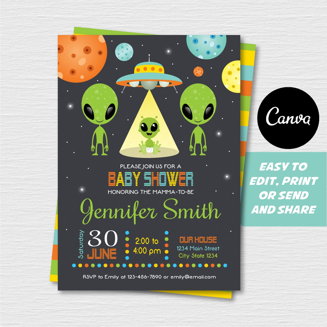 Editable, Out of This World Baby Shower Invitation, Alien Baby Shower ...