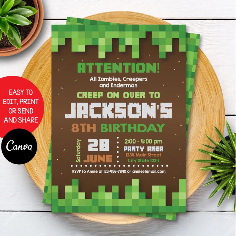 Editable, Video Game Invitation, Pixelated Invite, Canva Template ...