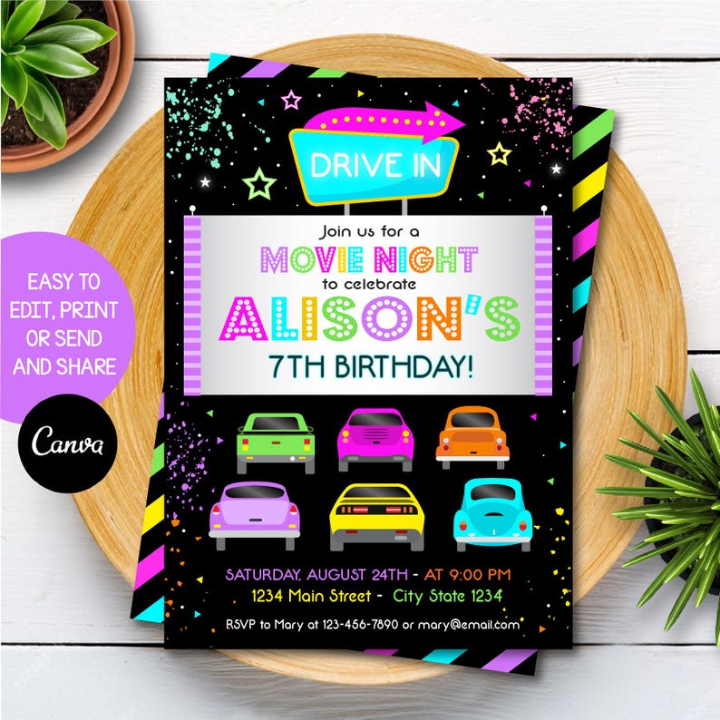 Editable Drive-in Movie Birthday Invitation, Girl Drive-in Movie ...