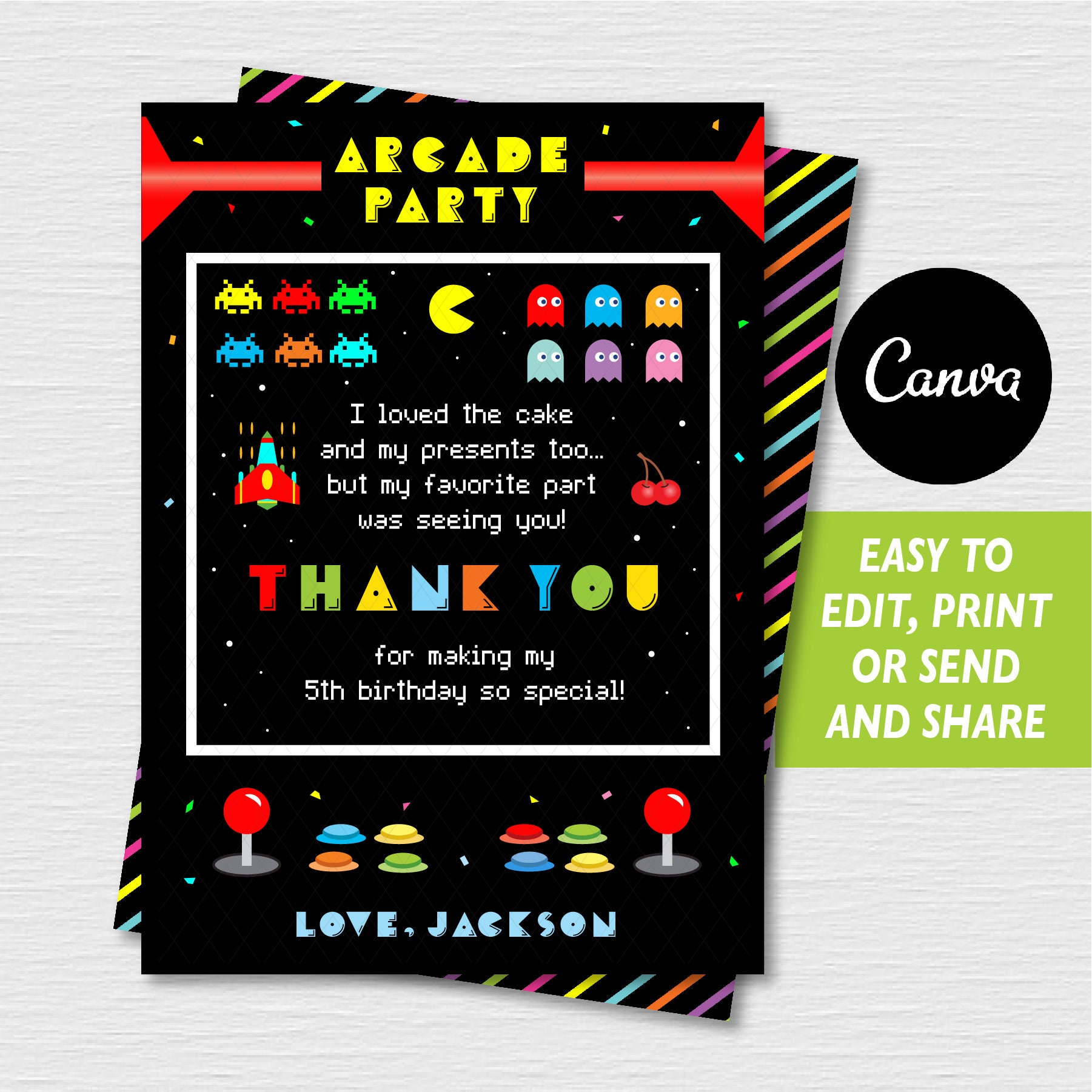 Editable Arcade Birthday Thank You Card Video Game Party - Etsy Australia