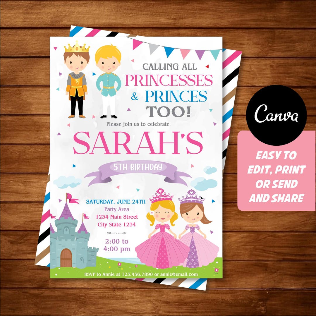 Editable, Princess and Prince Birthday Invitation, Princess Invite ...