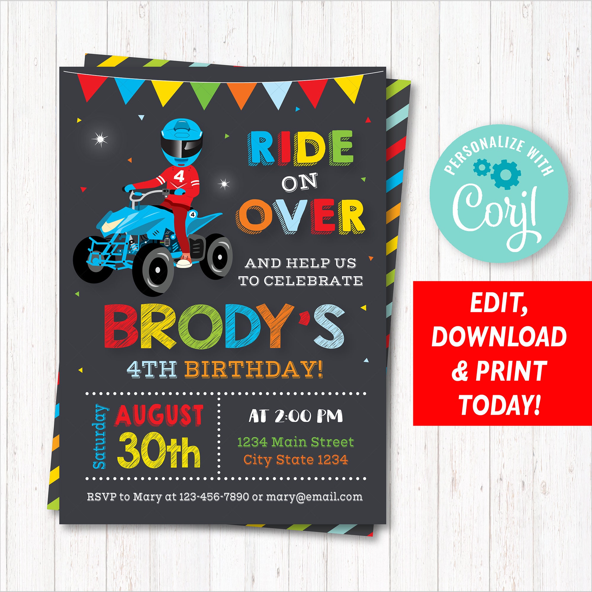 Self Editable 4 Wheeler Birthday Invitation ATV Invitation - Etsy