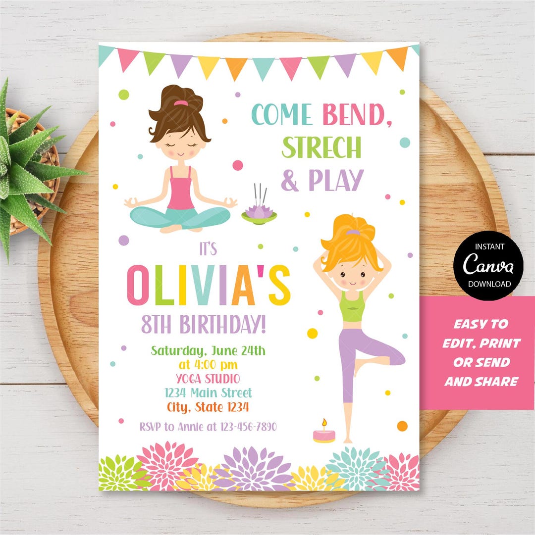 Editable Yoga Birthday Invitation, Yoga Party, Yoga Girls Birthday ...