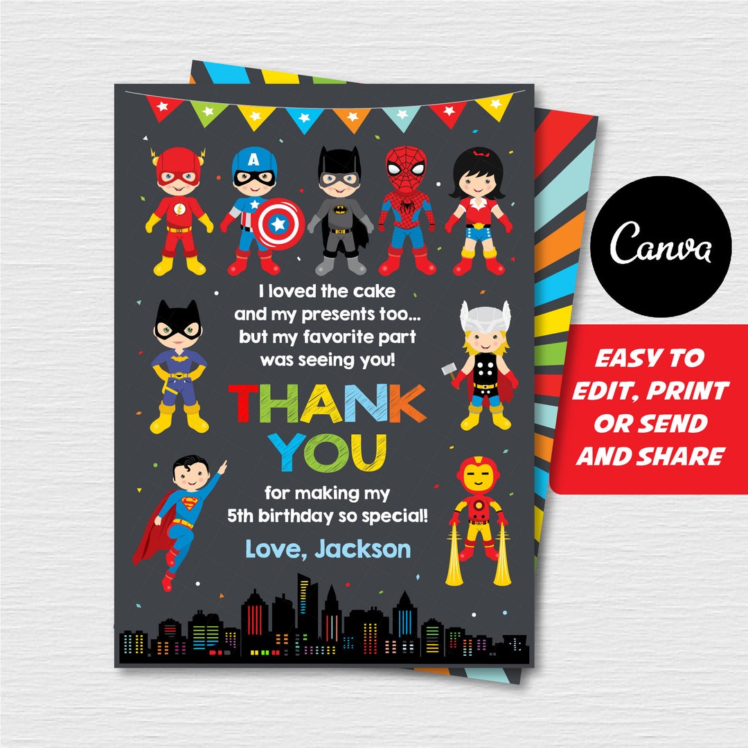 Self Editable - Superhero Thank You Card, Superheroes Birthday, Thank ...