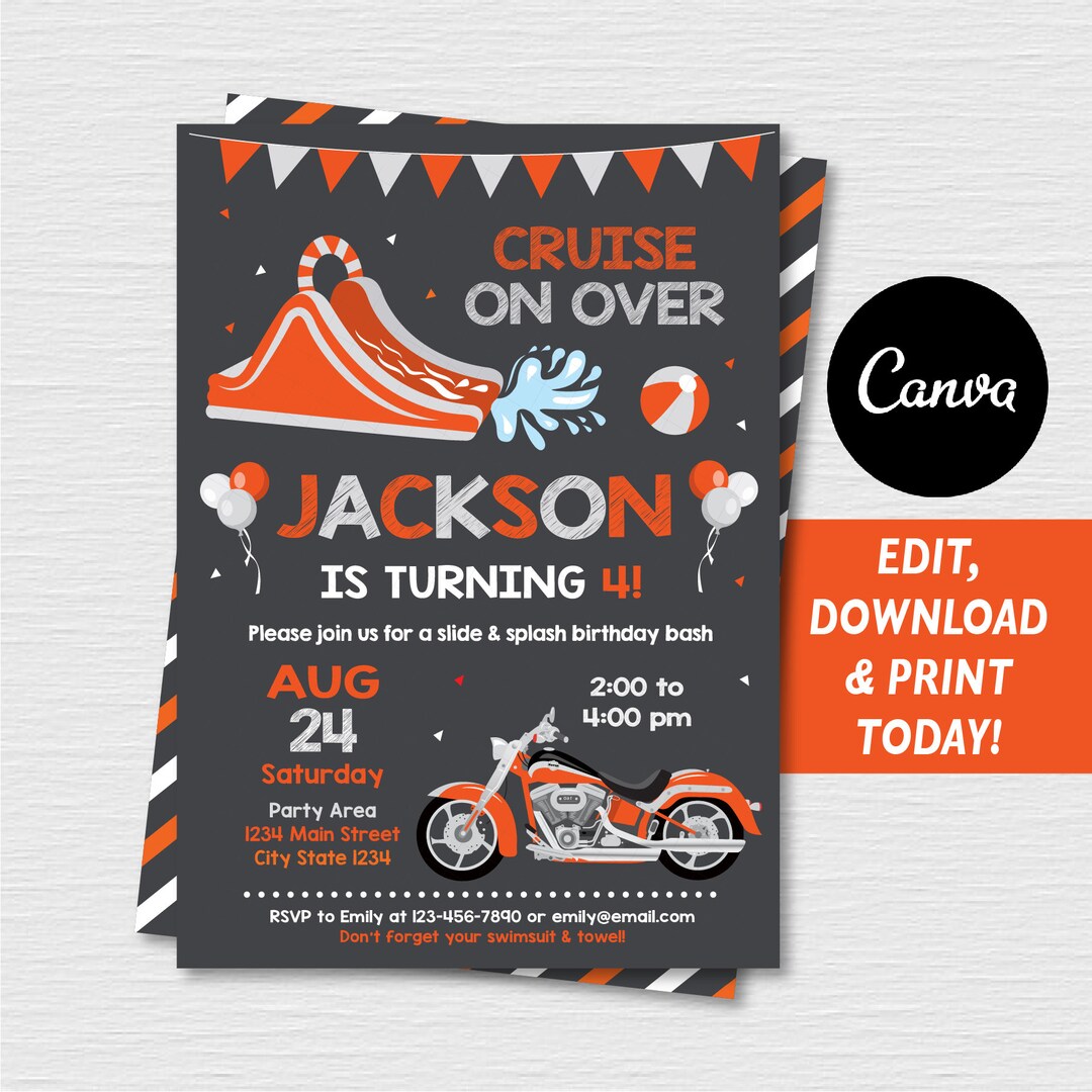 EDITABLE, Motorcycle Water Slide Invitation, Motorcycle Party ...