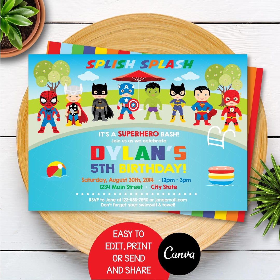 EDITABLE, Superhero Pool Party Invitation, Superheroes Birthday ...