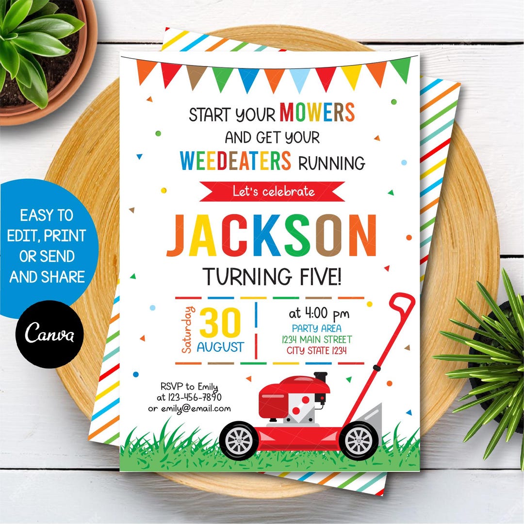 Editable, Lawnmower Birthday Invitation, Weed Whacker Birthday Party ...