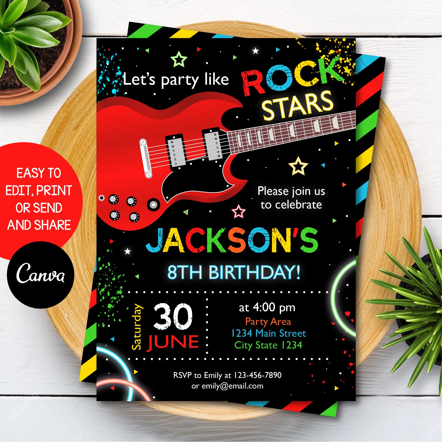 Editable Rock Star Birthday Invitation, Rock Stars Party, Boy Guitar ...