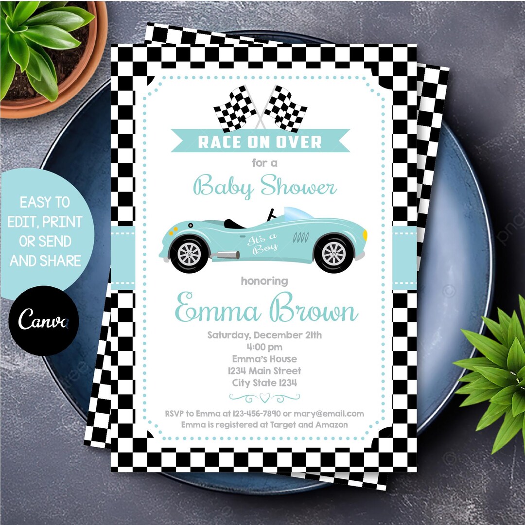 Editable, Racing Car Baby Shower Invitation, Baby Boy, Aqua Blue, Grey ...