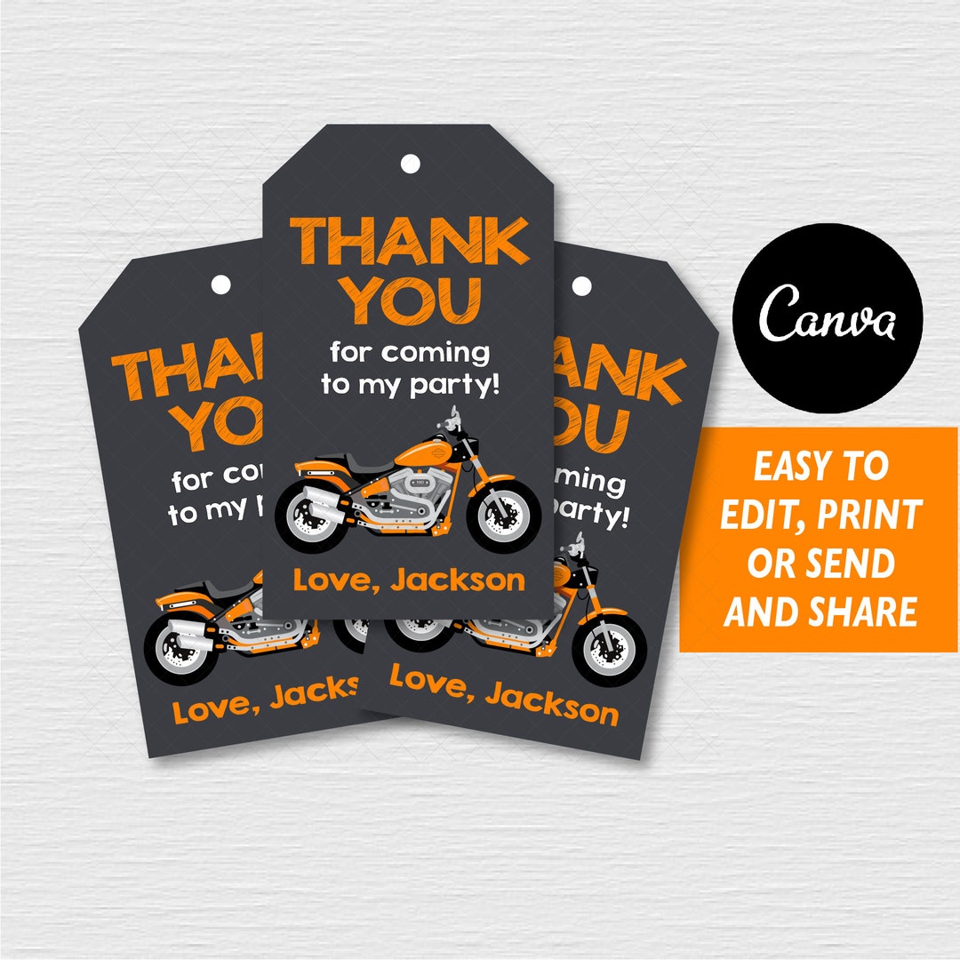 Self Editable - Motorcycle Favor Thank You Tags, Motorcycle Birthday ...