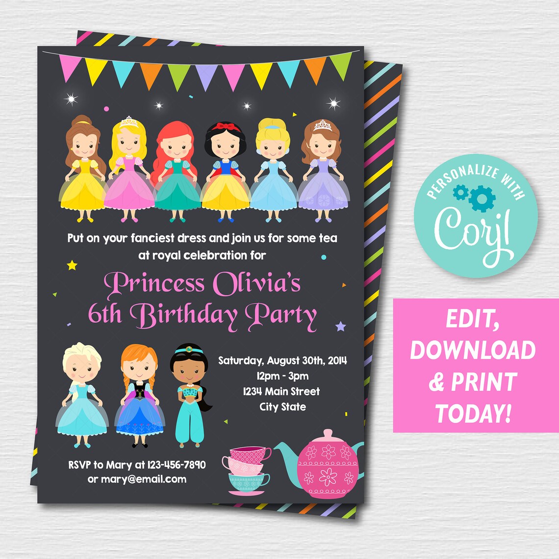 Self Editable Princess Tea Party Invitation Princess | Etsy