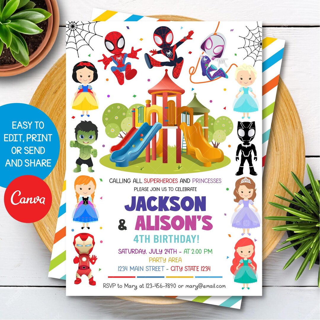 Editable, Superhero and Princesses Playground Invitation, Superhero ...