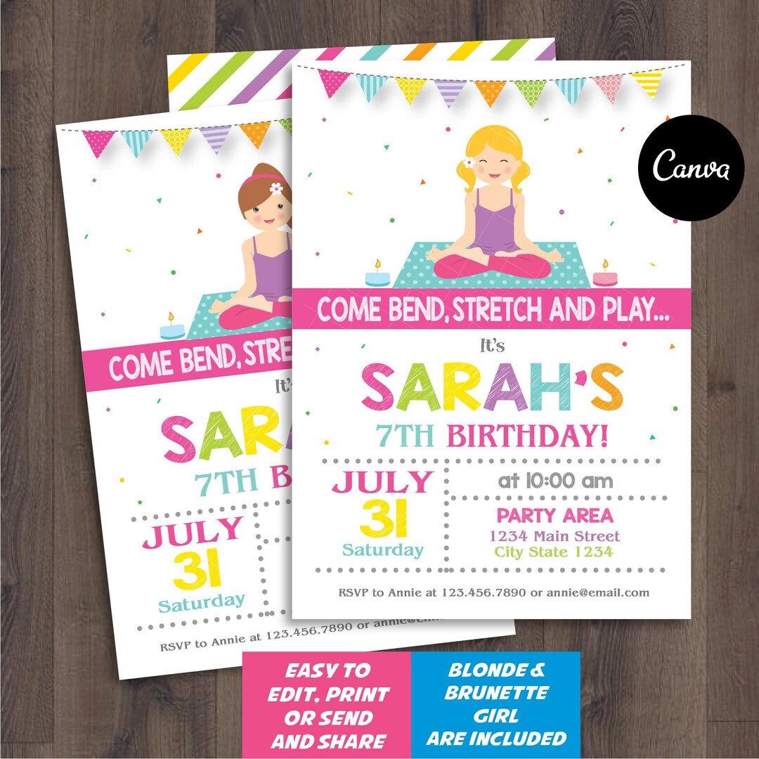 Editable, Yoga Birthday Invitation, Yoga Party, Yoga Girls, Canva ...