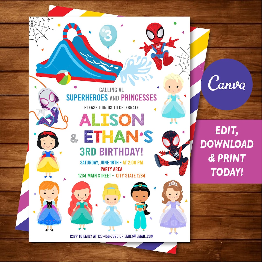 Editable Superhero and Princesses Waterslide Invitation, Superheroes ...