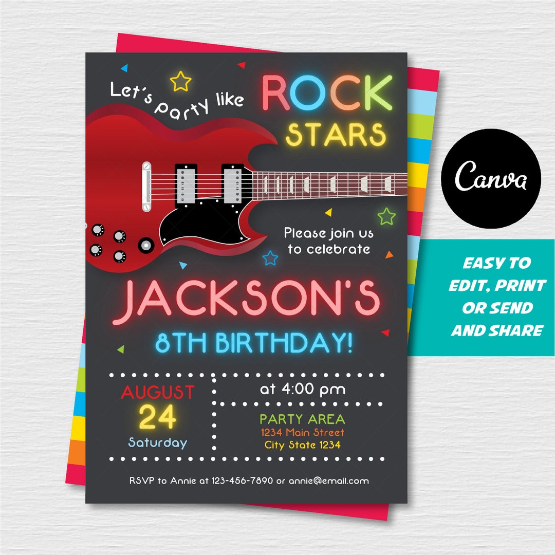Editable, Rock Star Birthday Invitation, Rock Stars Party, Guitar ...