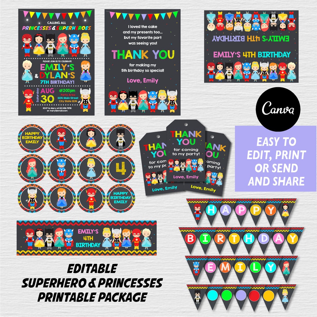 EDITABLE Princess and Superhero Birthday Printable Package - Etsy