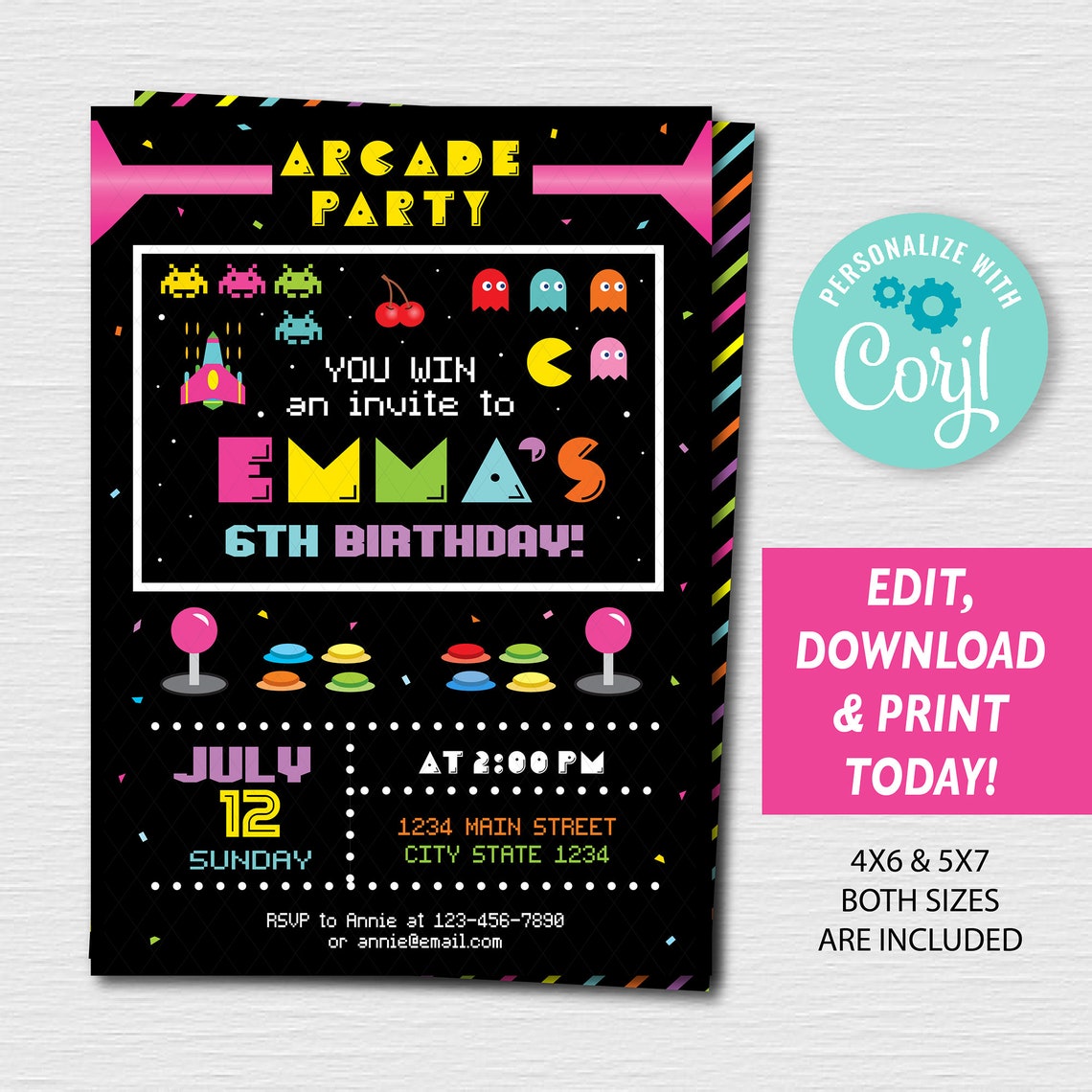 Editable Arcade Birthday Invitation Video Game Party Girls - Etsy