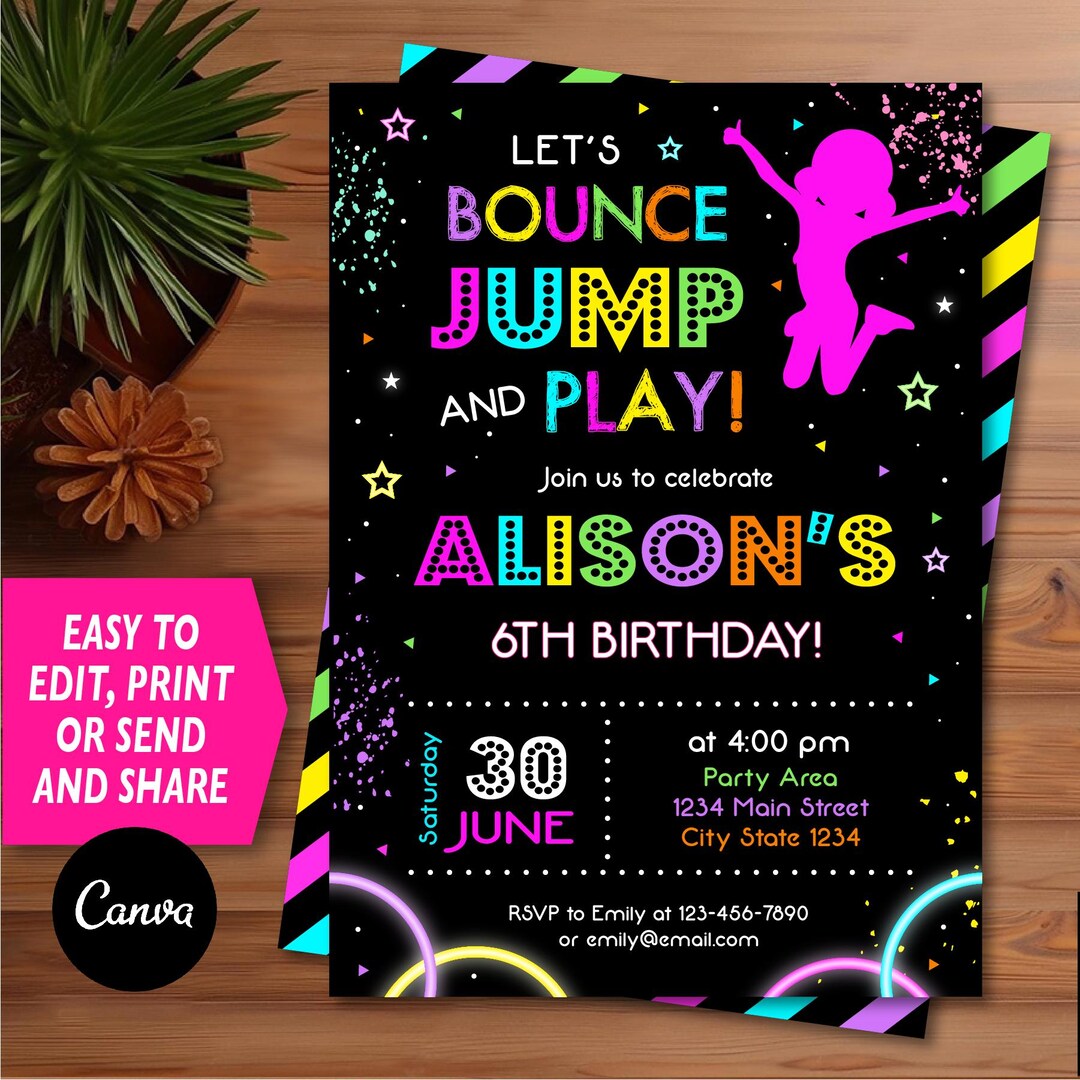 Editable Jump Birthday Invitation, Girls Jump Party, Girls Bounce House ...