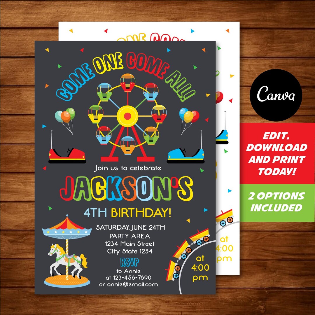 EDITABLE, Amusement Park Invitation, Amusement Park Birthday ...