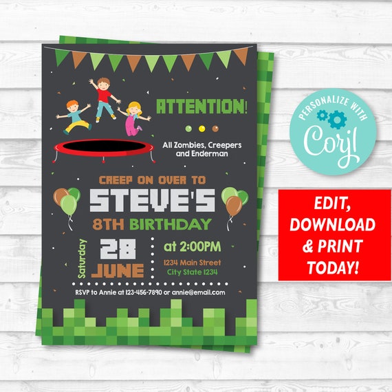 EDITABLE Video Game Invitation Pixelated Invite Trampoline - Etsy