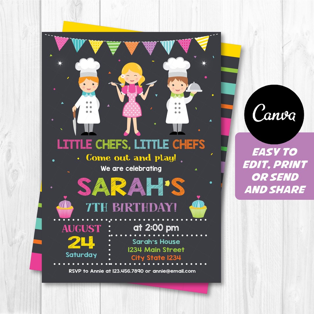 Editable, Chef Girls Birthday Invitation, Baking Invitation, Chef Party ...