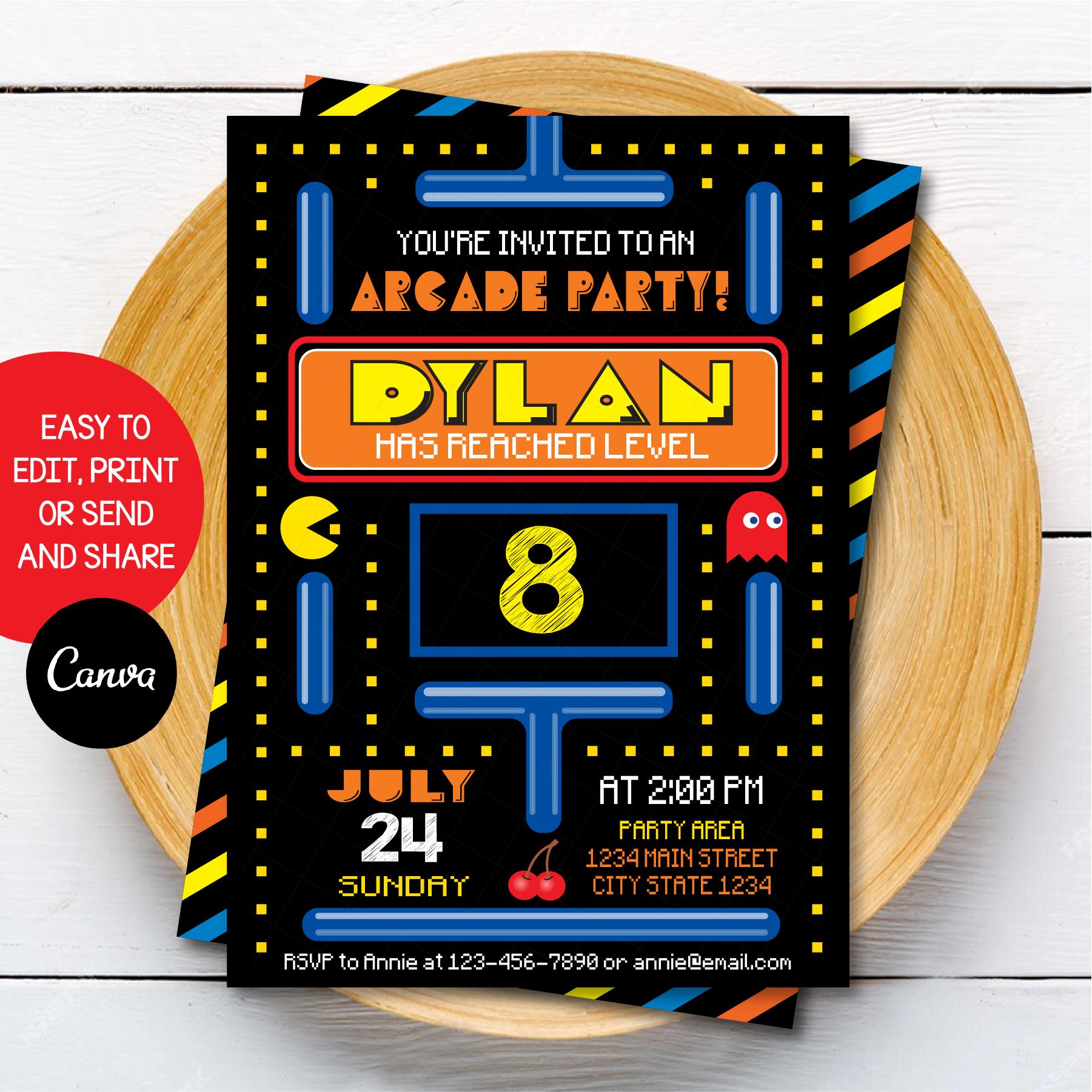 Editable Arcade Birthday Invitation, Arcade Party, Arcade Invitation ...