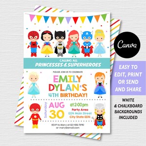 Editable, Superhero and Princess Birthday Invitation, Superhero and ...