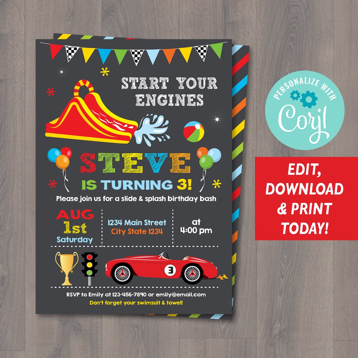 EDITABLE Racing Car Water Slide Invitation Race Car Party - Etsy