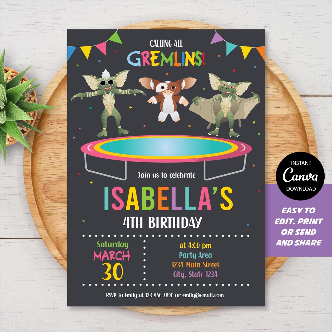Editable Gremlins Trampoline Invitation, Gremlins Birthday Invitation ...