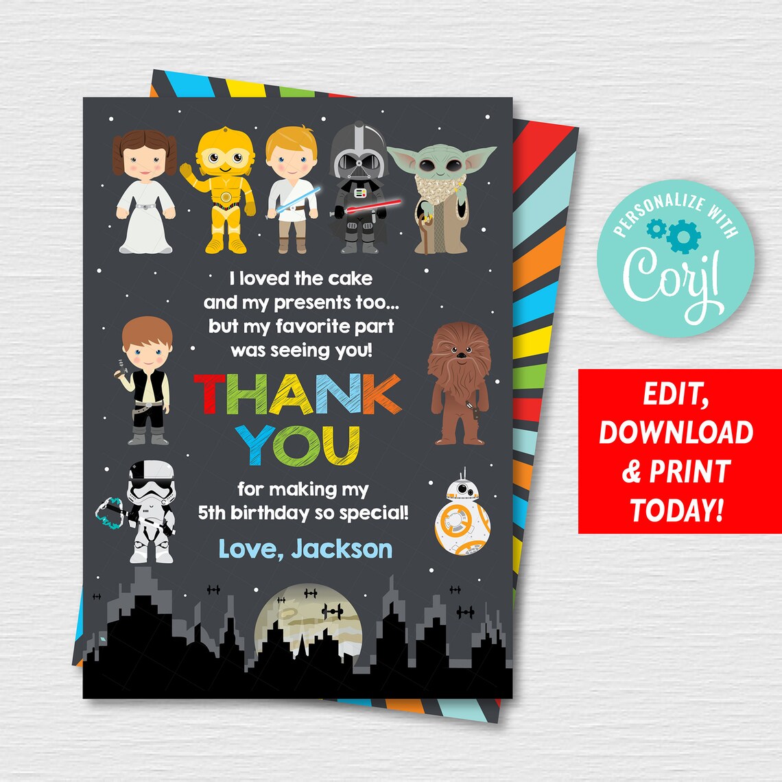Self Editable Star Wars Thank You Card Star Wars Birthday - Etsy